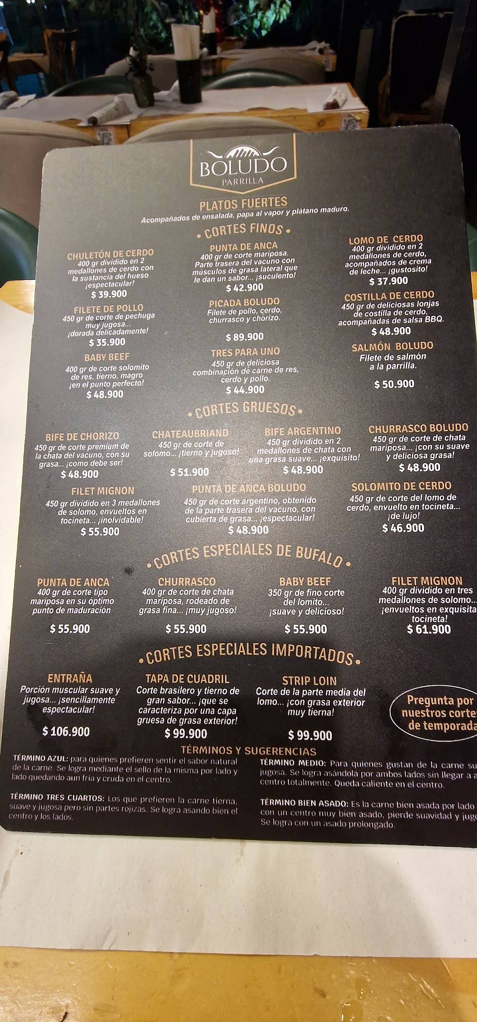 Carta de Boludo Parrilla, Armenia, Avenida Centenario 6-25