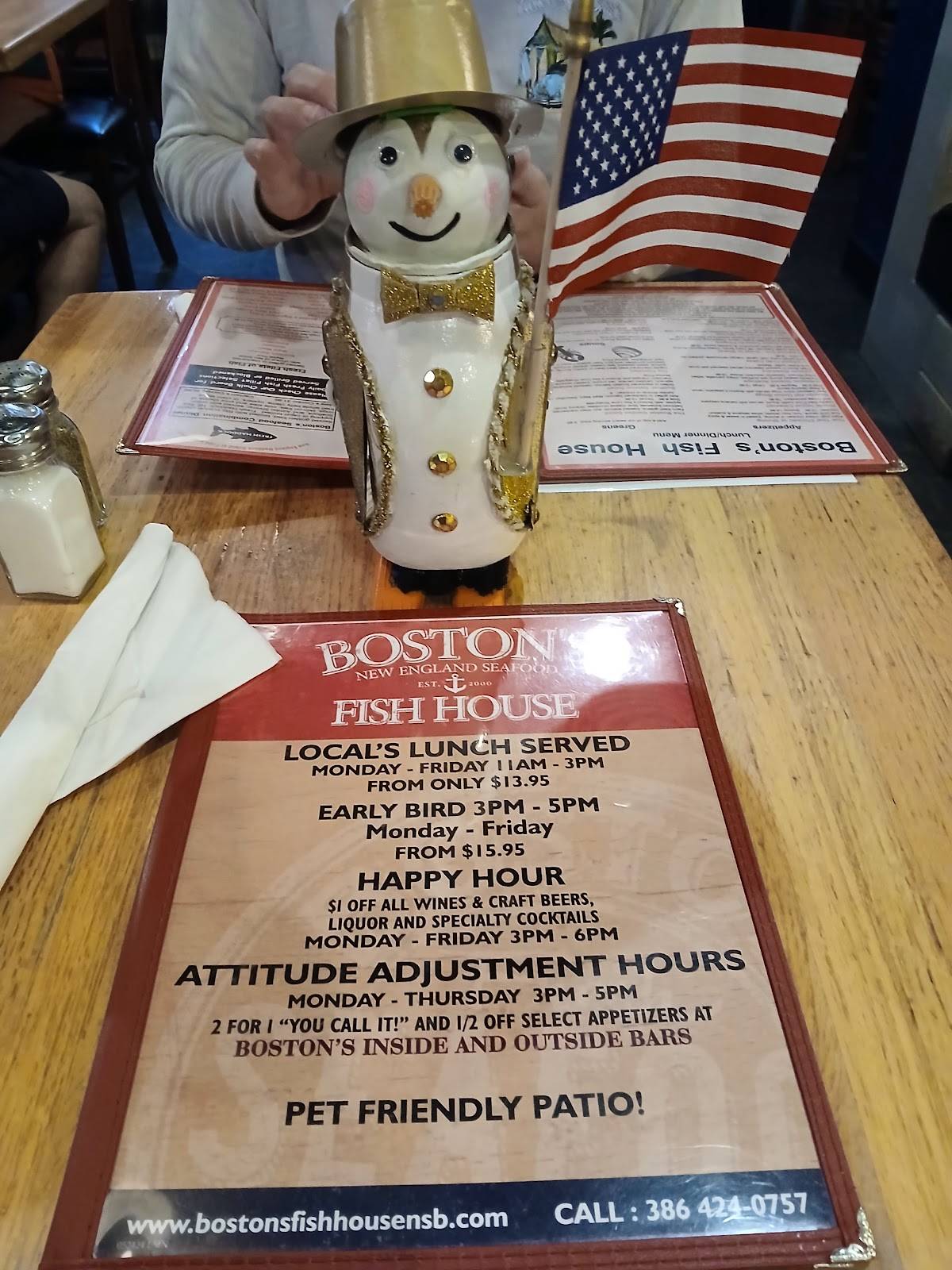 Menu at Boston's Fish House restaurant, New Smyrna Beach, S Atlantic Ave