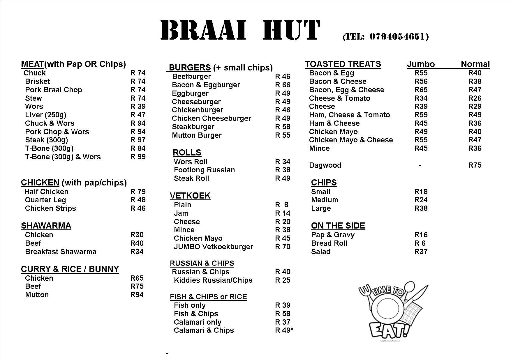 Menu at Braai Hut Scottburgh restaurant, Scottburgh