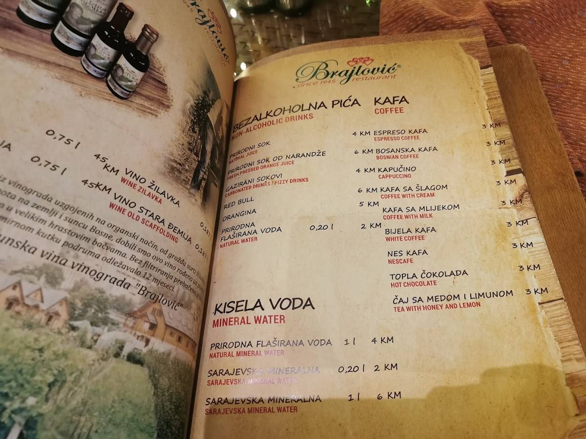 Menu at Brajlović restaurant, Ilidža, Samira Ćatovića Kobre 6