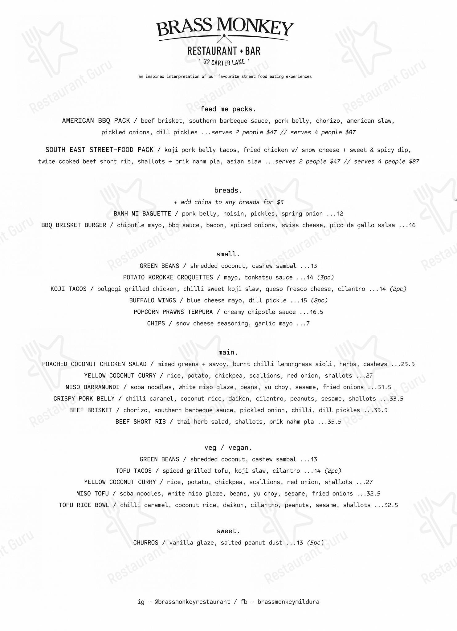 Menu at Brass Monkey restaurant, Mildura