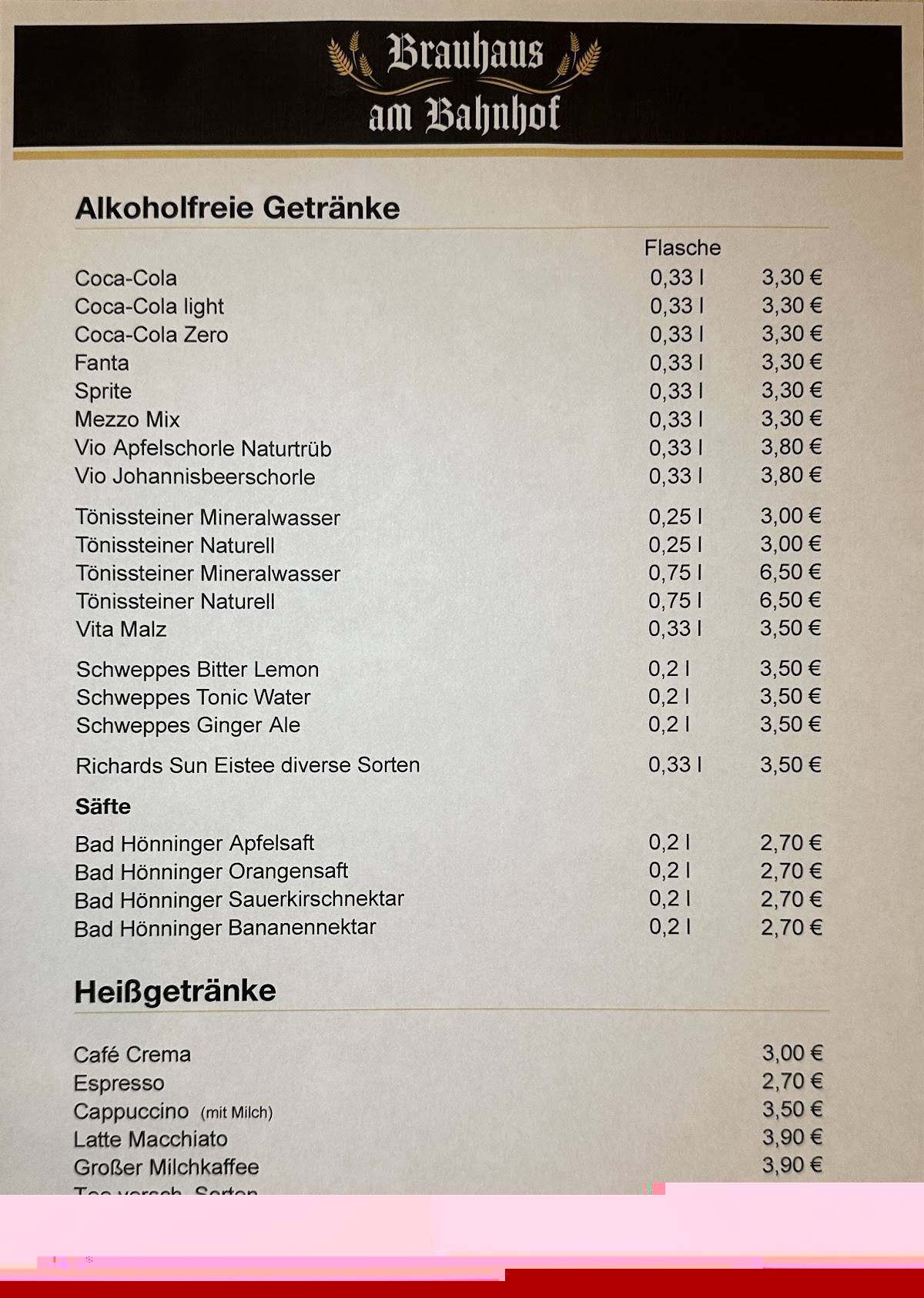 Speisekarte von Brauhaus am Bahnhof pub & Bar, Neuwied