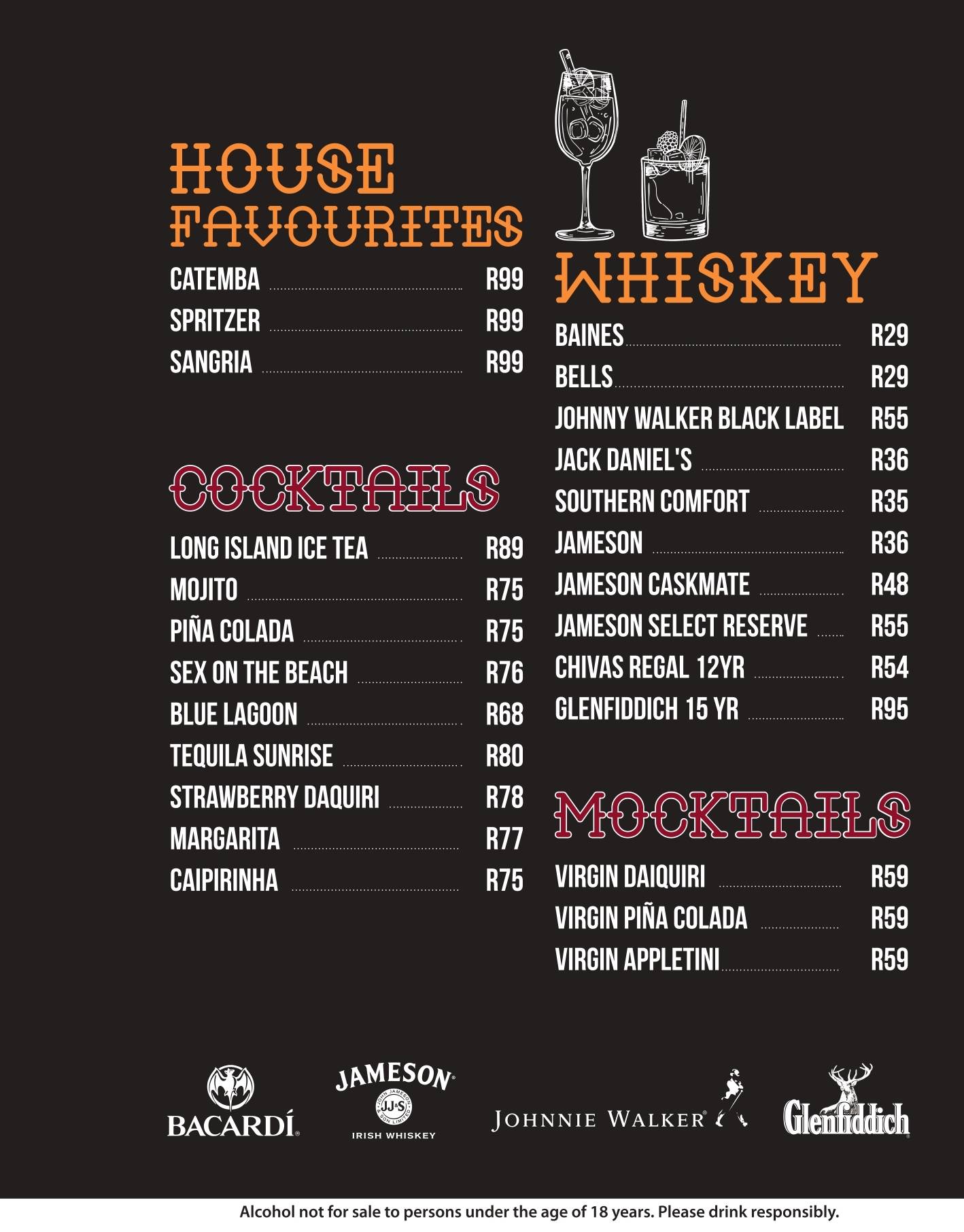 Menu at Braza restaurant, Bloemfontein, Loch Logan