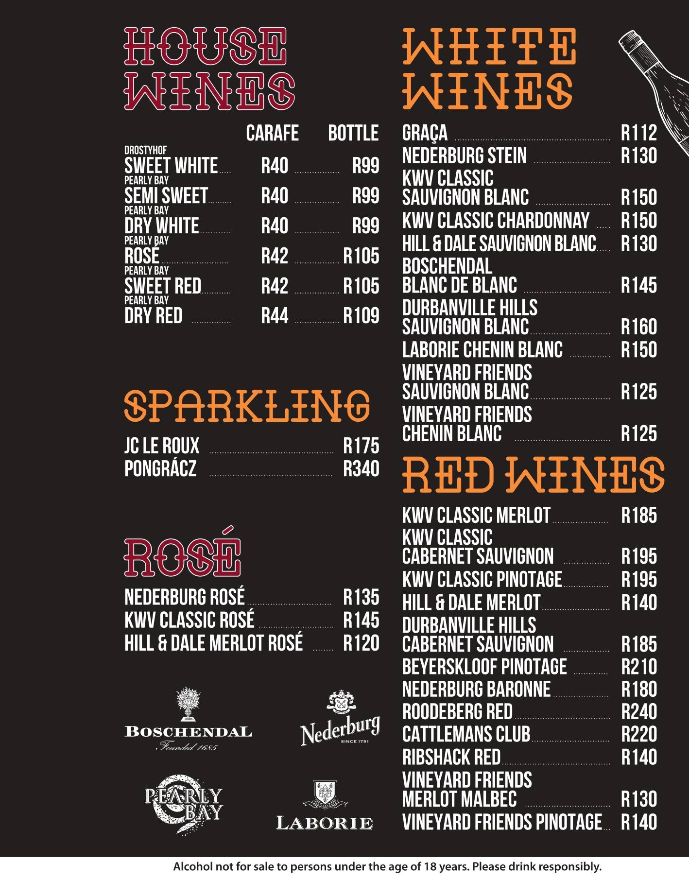 Menu at Braza restaurant, Bloemfontein, Loch Logan