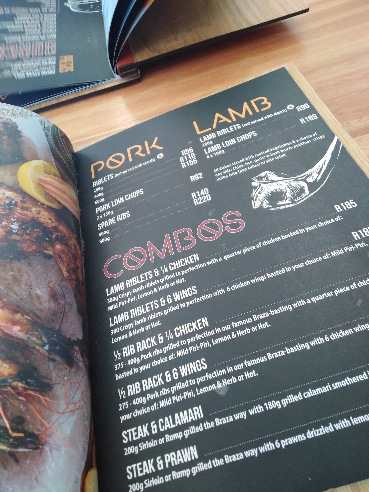 Menu at Braza restaurant, Bloemfontein, Loch Logan