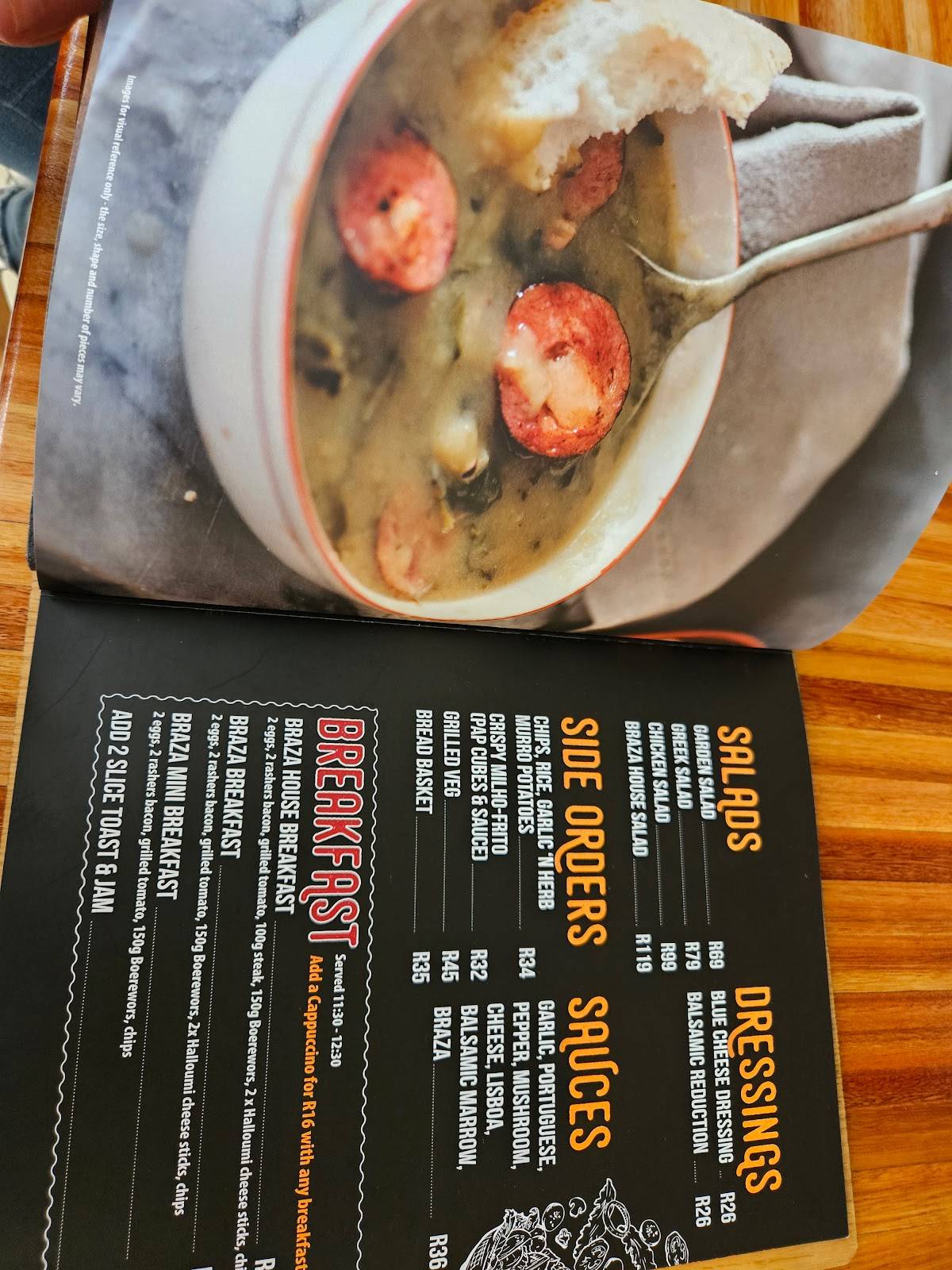 Menu at Braza restaurant, Bloemfontein, Loch Logan