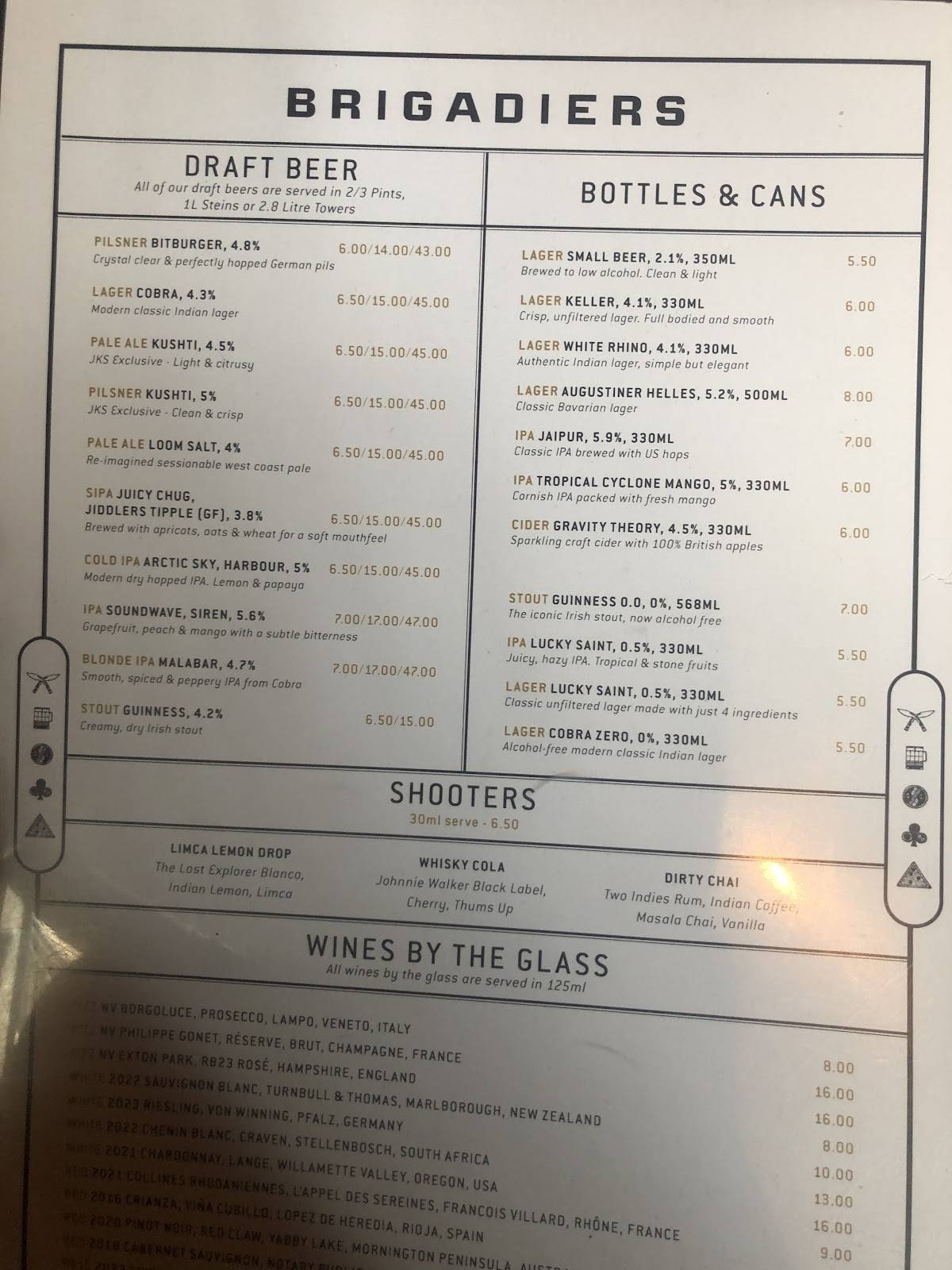 Menu at Brigadiers restaurant, London