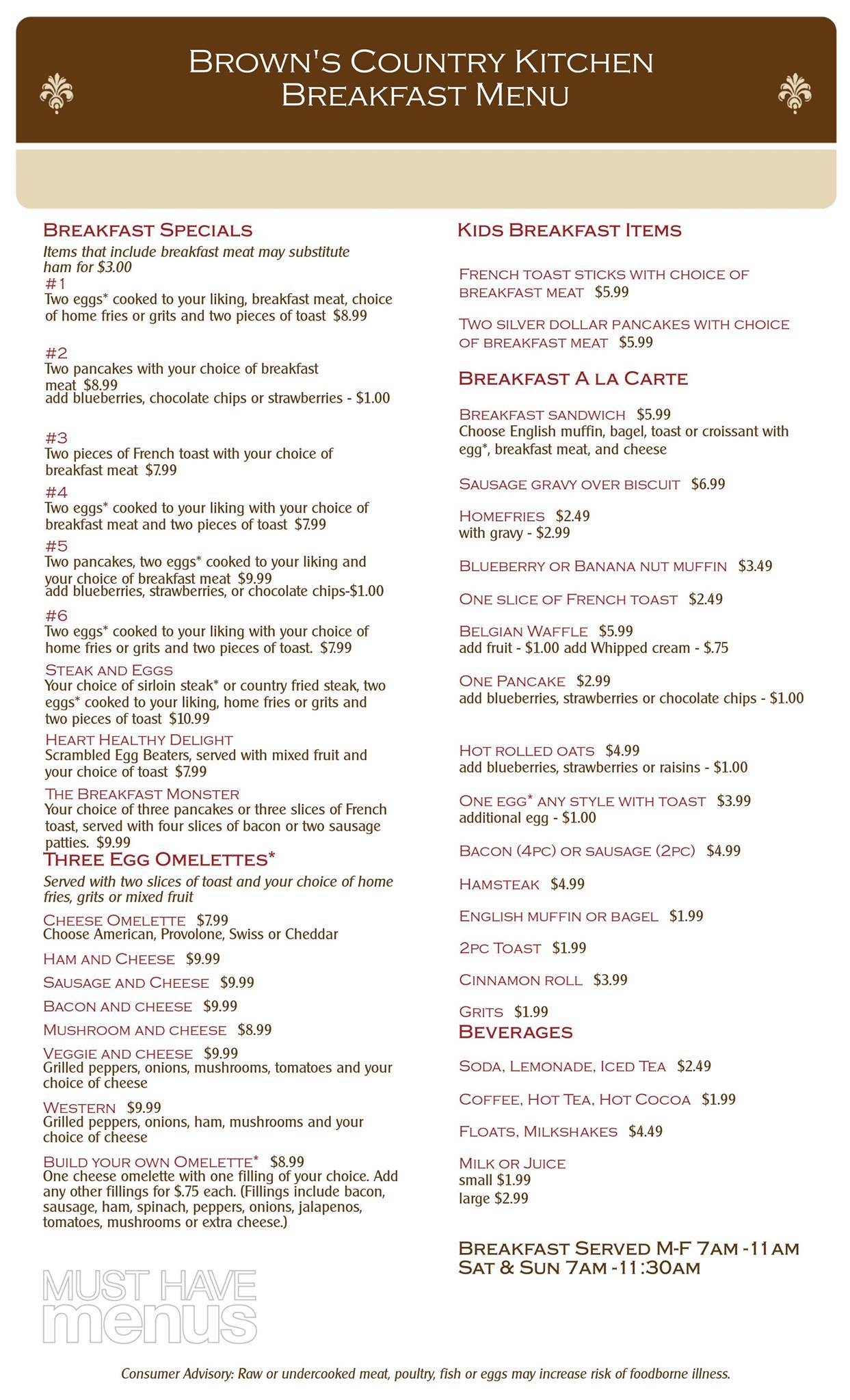 Menu at Brown's Country Kitchen restaurant, Portersville