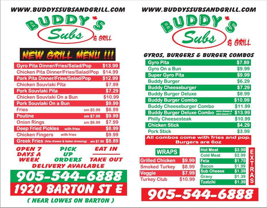 Menu at Buddy's Subs fast food, Hamilton