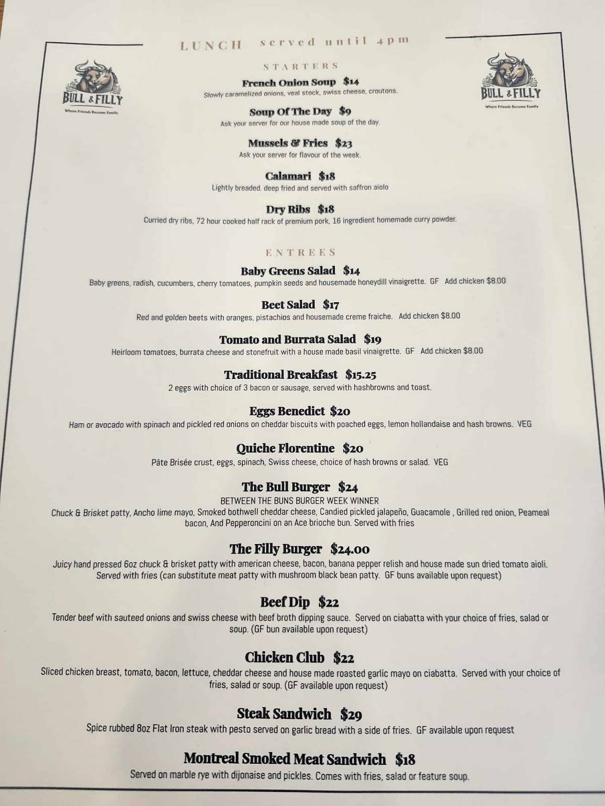 Menu at Bull & Filly restaurant, Winnipeg