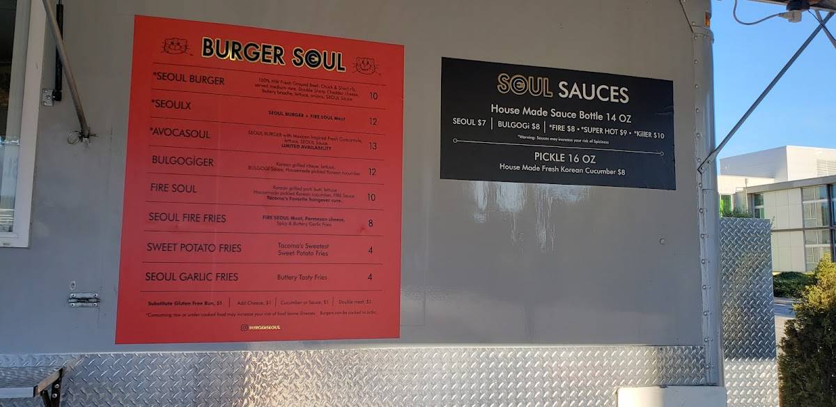Menu at BURGER SEOUL restaurant, Tacoma