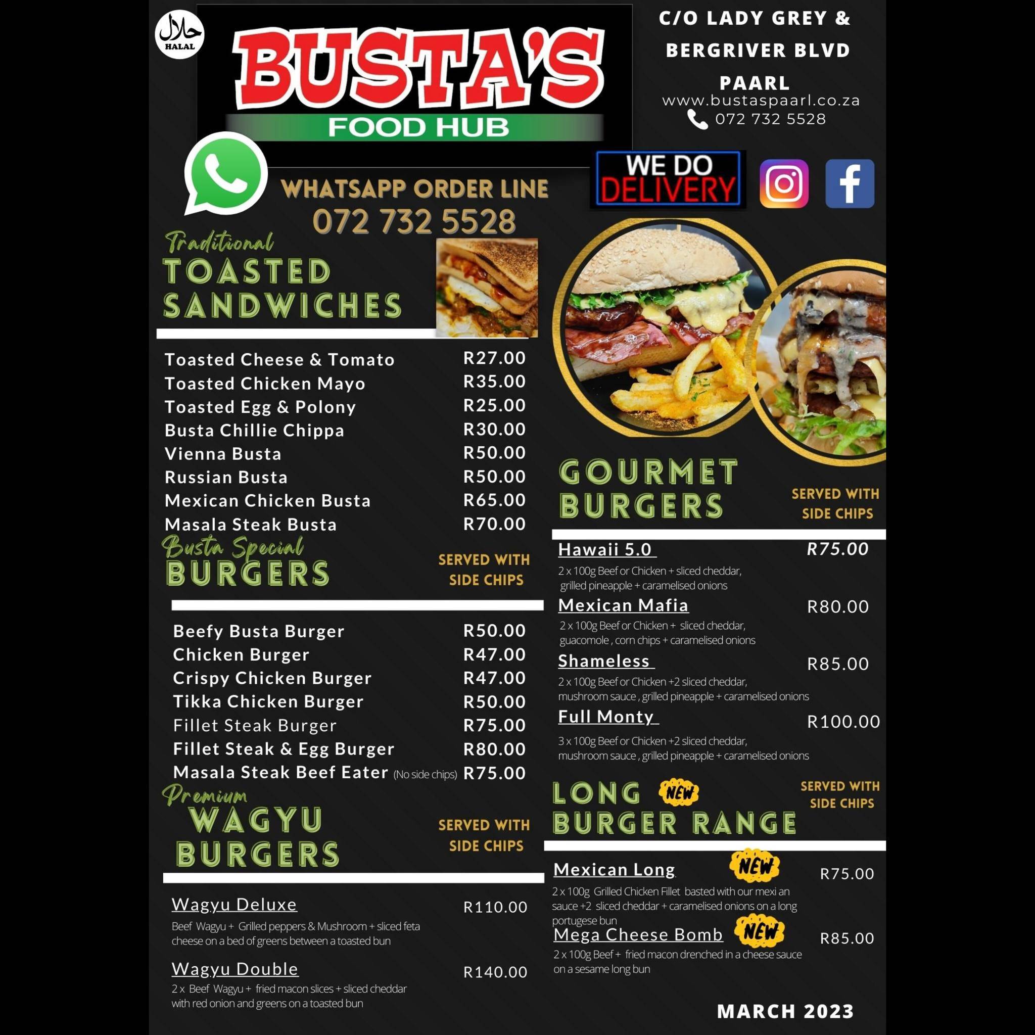 Menu at Busta's Food Hub restaurant, Paarl