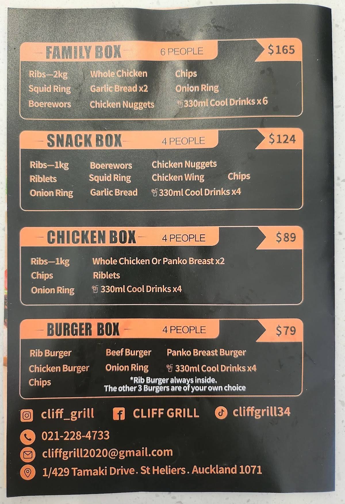 Menu at Cliff Grill restaurant, Auckland