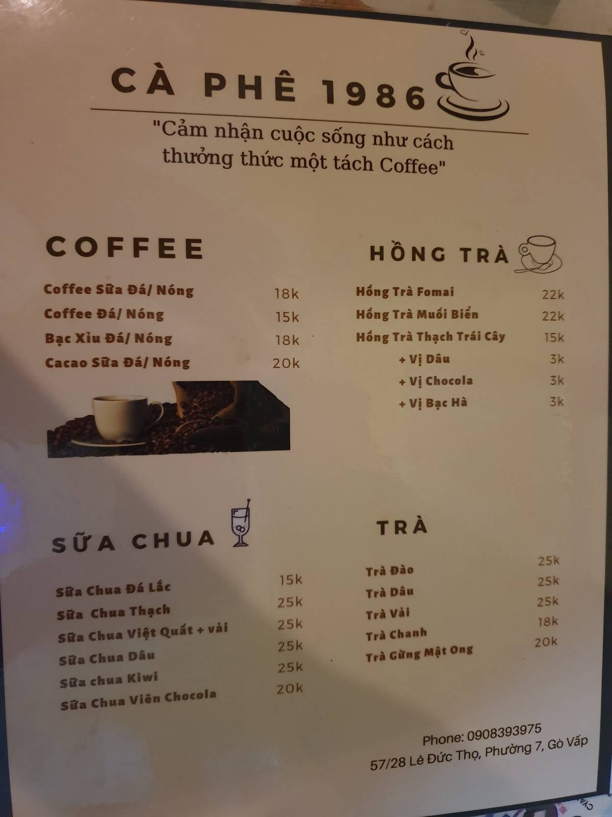Menu at Cà Phê 1986, Ho Chi Minh City