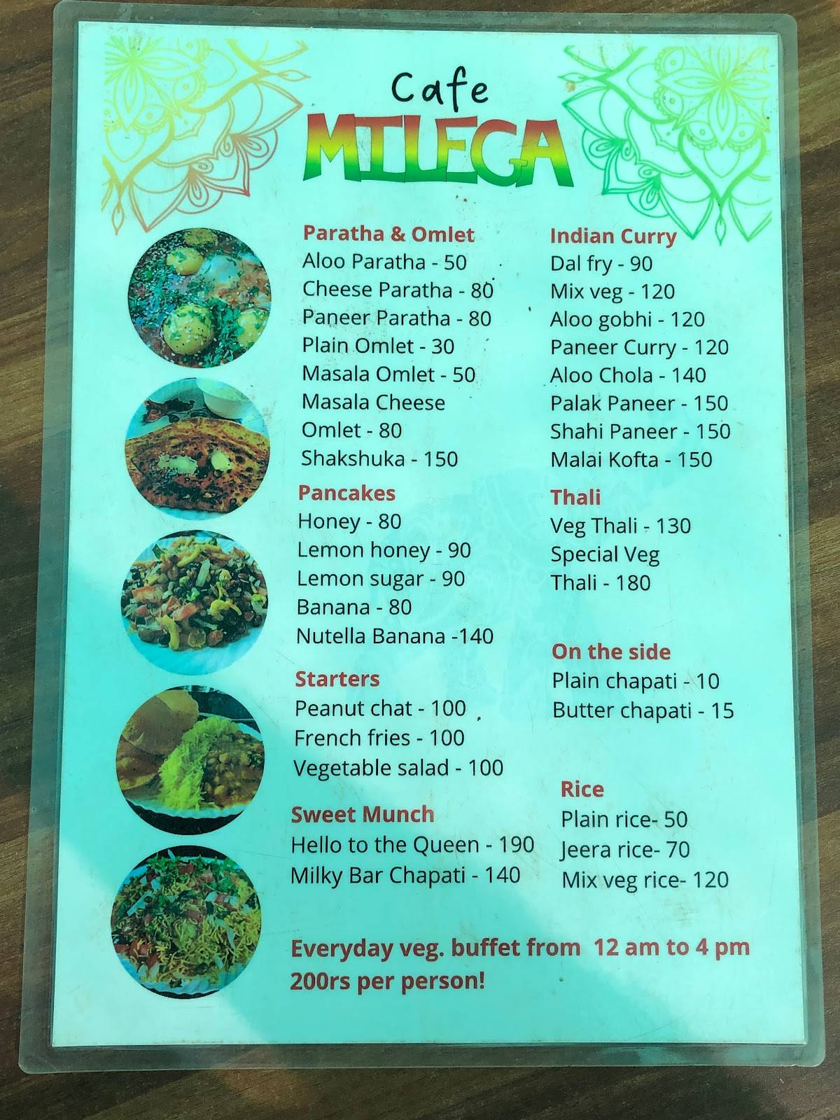 Menu at Cafe Milega, Arambol, Pernem Road