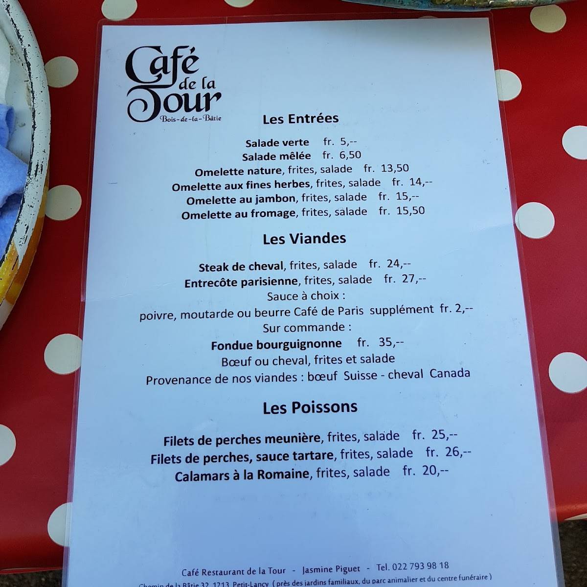 Menu au Café de la Tour, Lancy, Chem. de la Bâtie 32