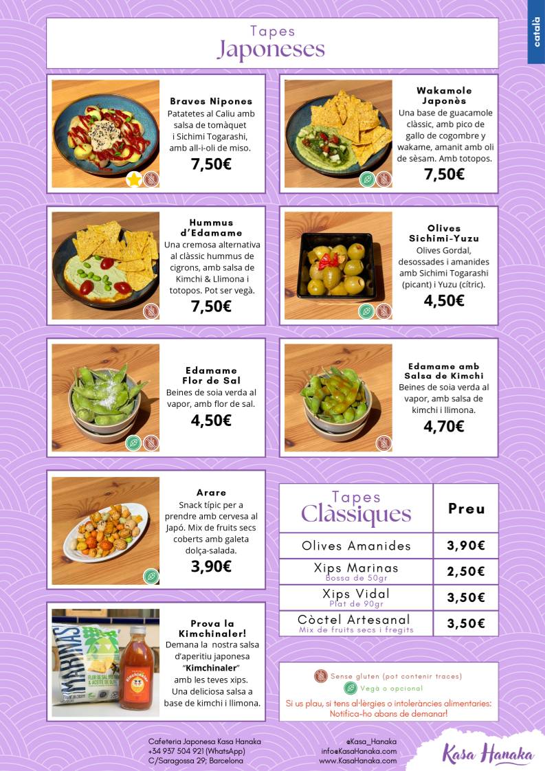 Carta de Cafetería Japonesa Kasa Hanaka - Vil·la Urània, Barcelona