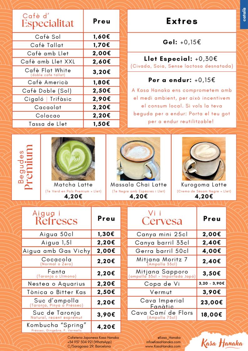 Carta de Cafetería Japonesa Kasa Hanaka - Vil·la Urània, Barcelona