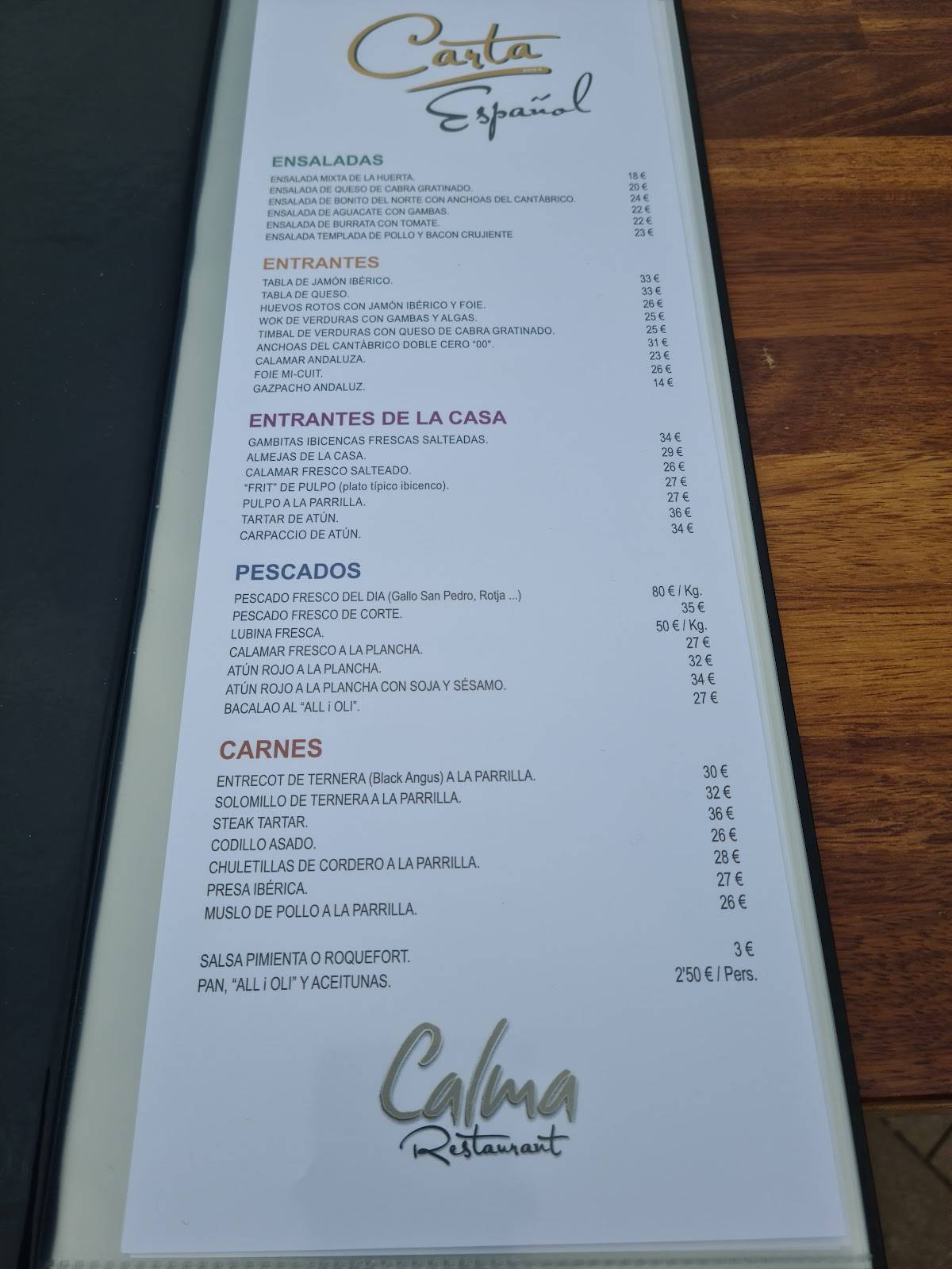 Menu at Calma restaurant, Ibiza