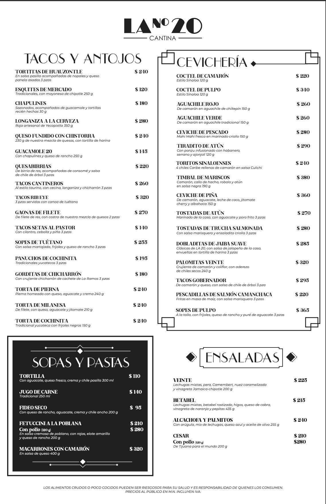 Carta del pub y bar Cantina La 20, Ciudad del México, Avenida Miguel ...