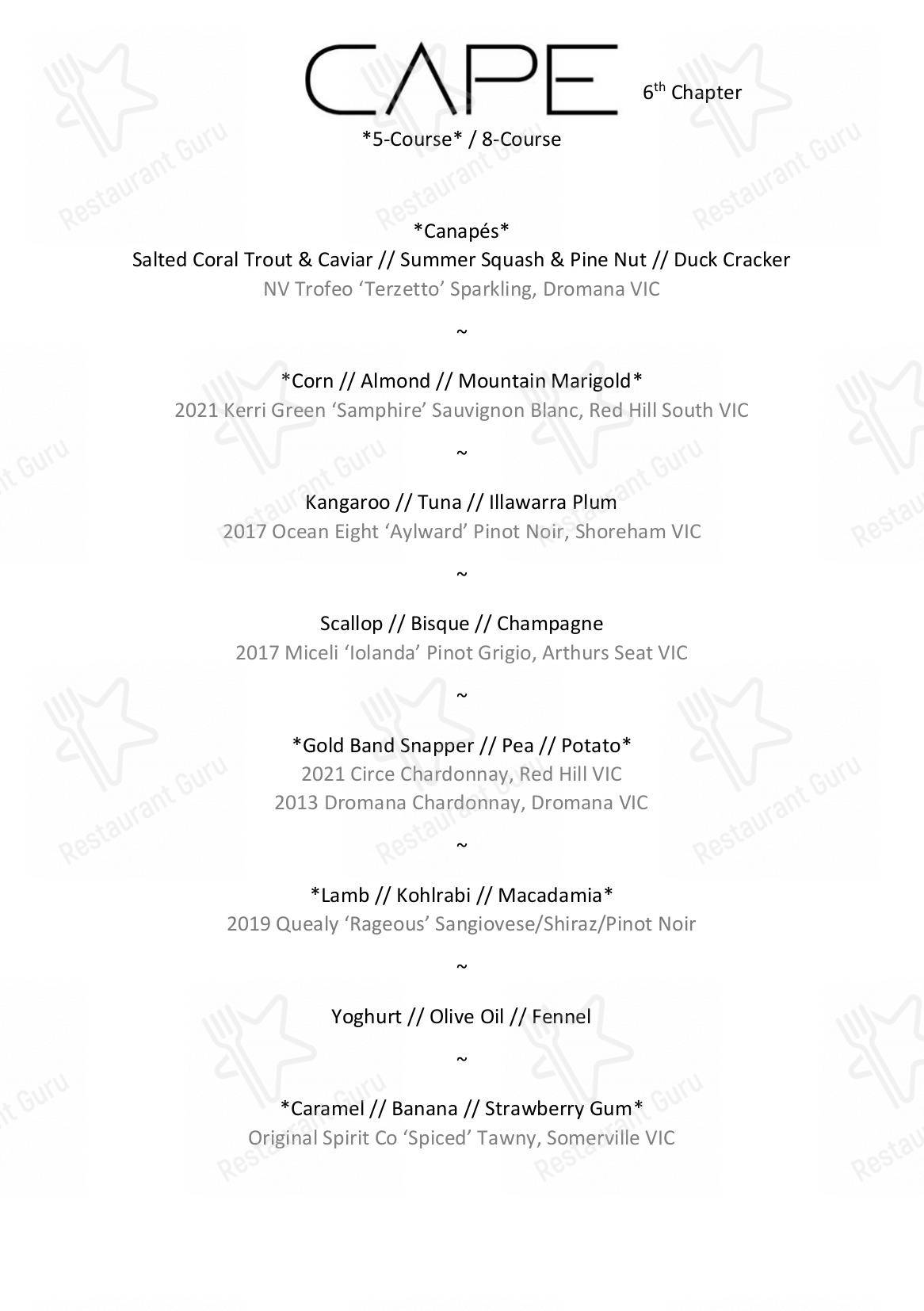 Menu at Cape Restaurant, Cape Schanck