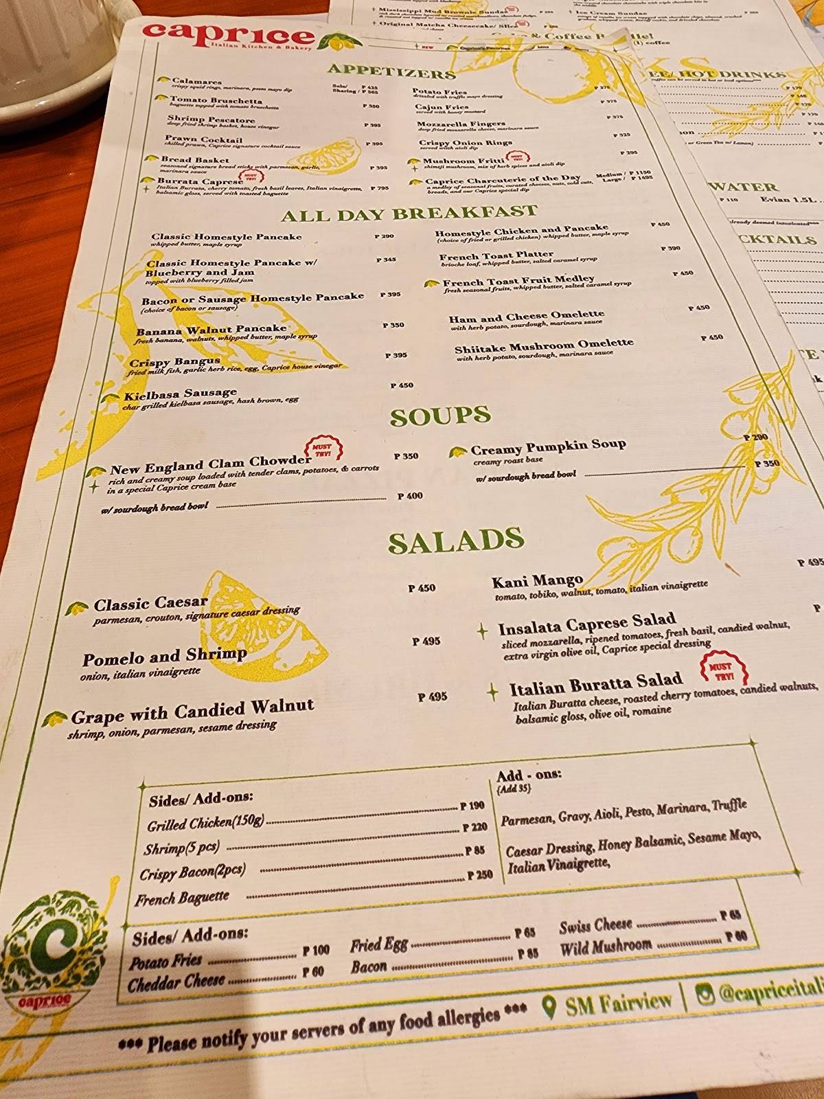 Menu at Caprice Italian Kitchen & Bakery, Quezon City