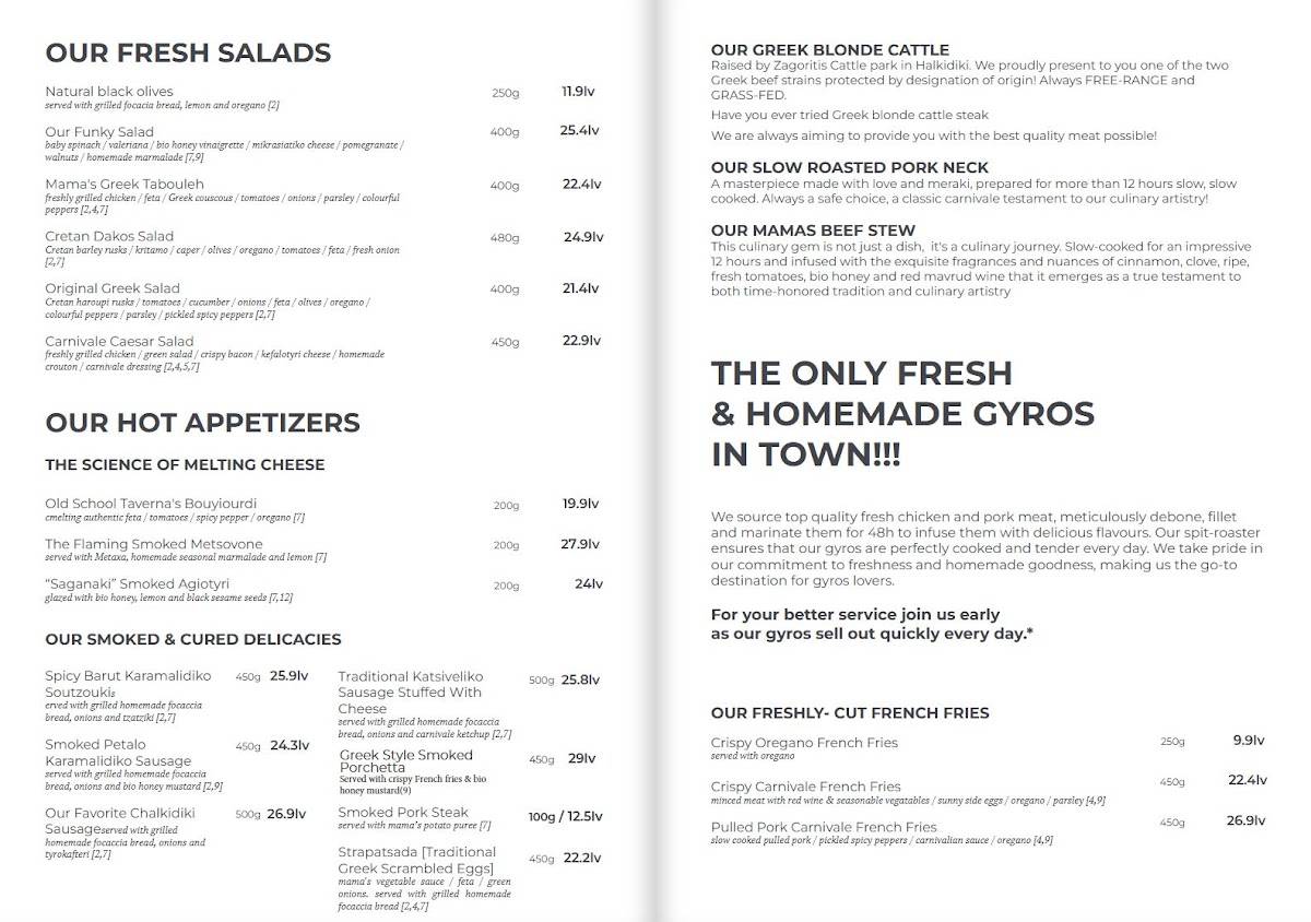 Menu at Carnivale Funky Gastrotaverna restaurant, Sofia