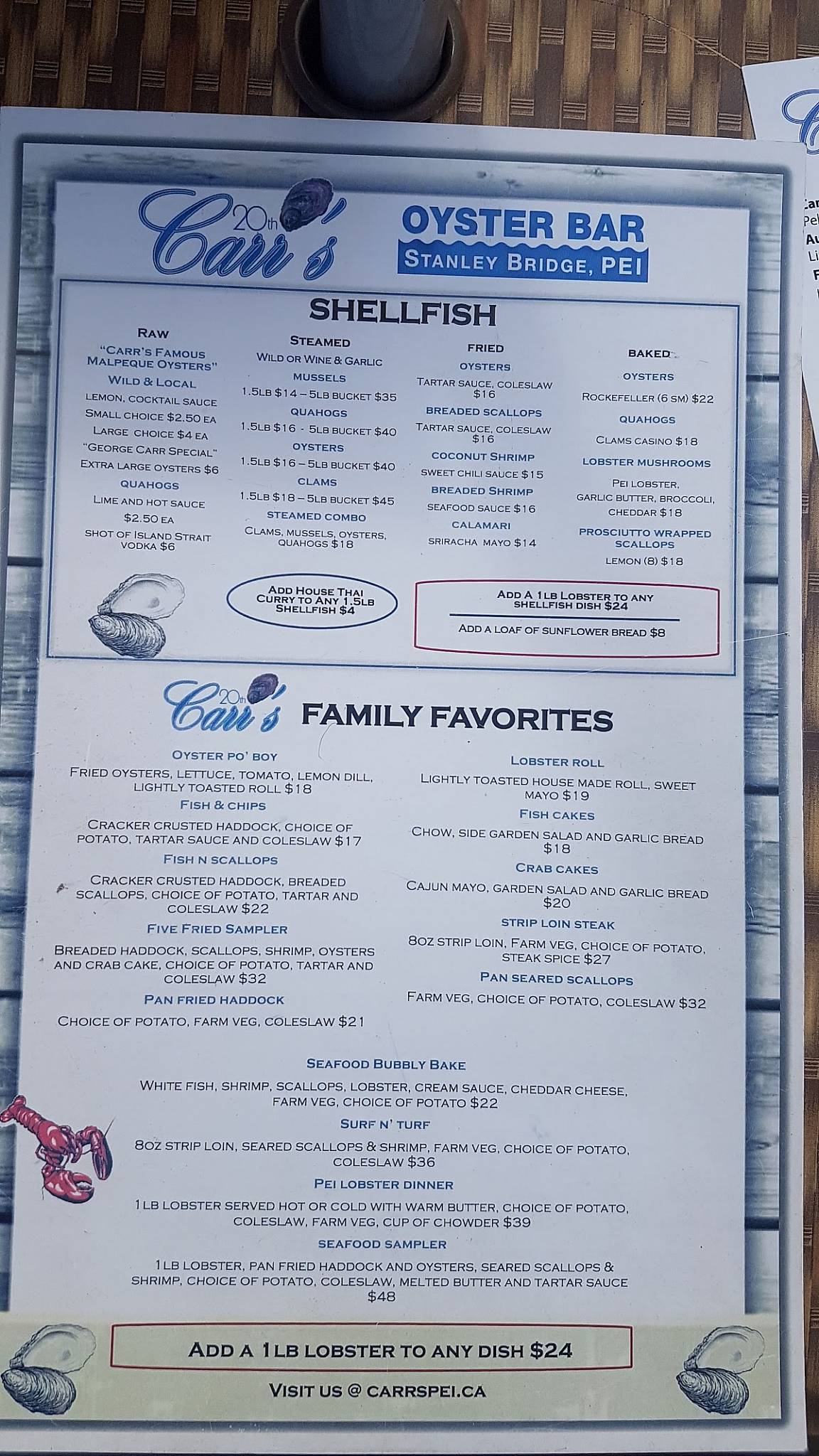 Menu at Carr's Oyster Bar, Stanley Bridge
