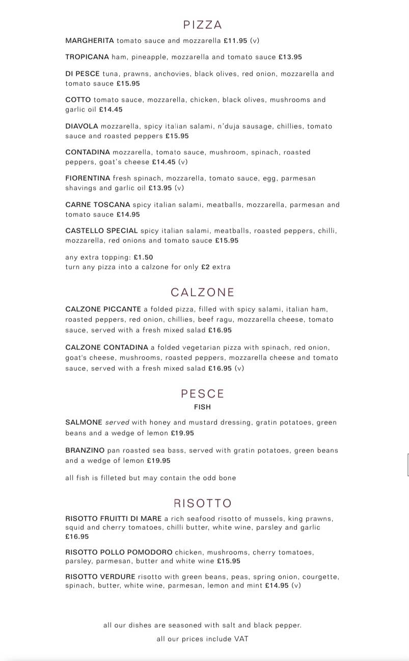 Menu at Castello restaurant, Yeovil