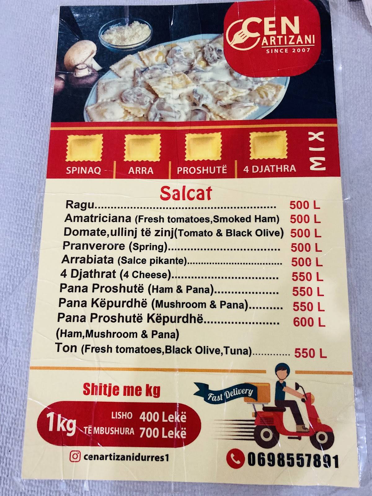 Menu at Cen Artizani restaurant, Durrës, 8C7W+V6G