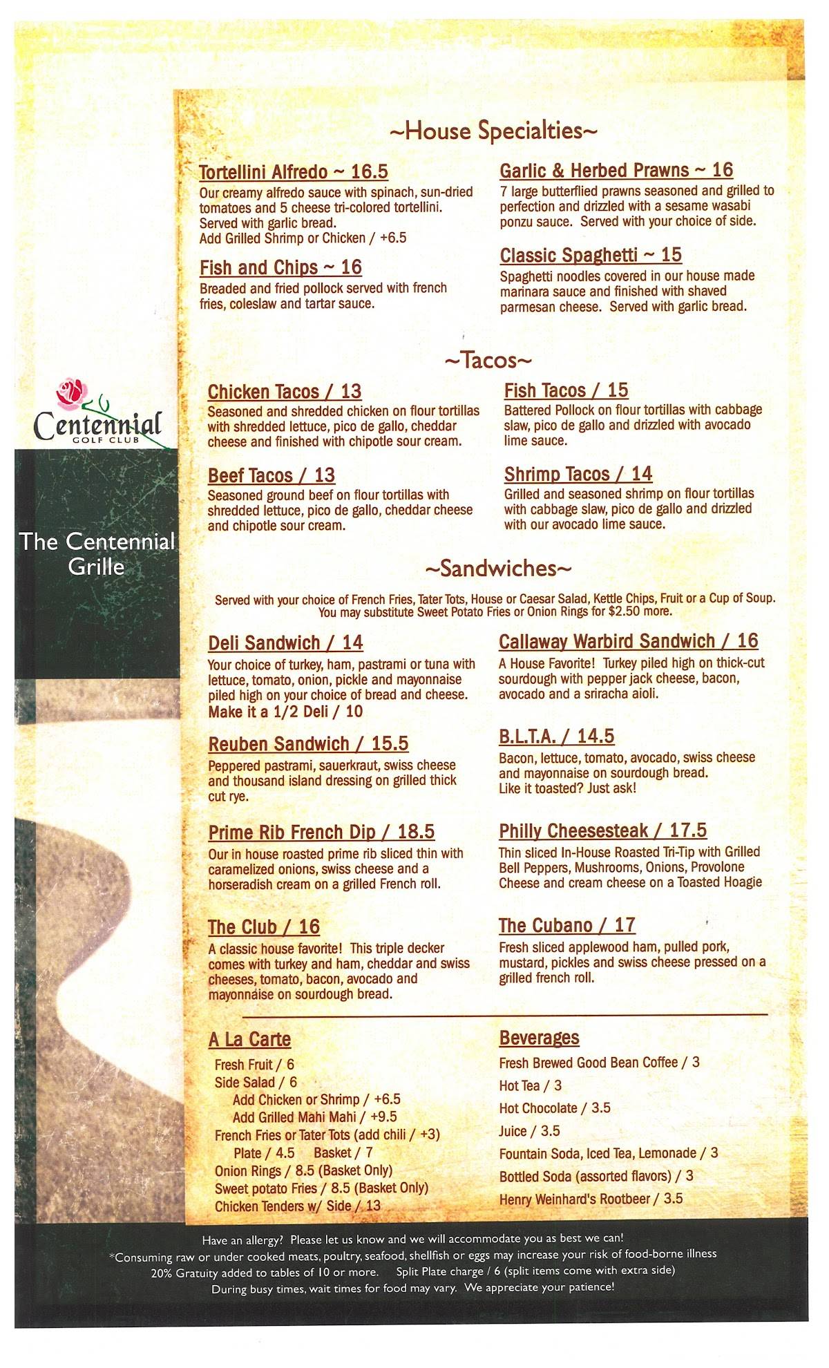 Menu at Centennial Grille restaurant, Medford