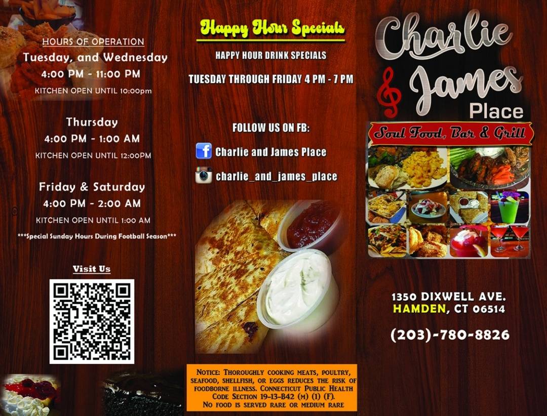 Menu at Charlie & James Place restaurant, Hamden