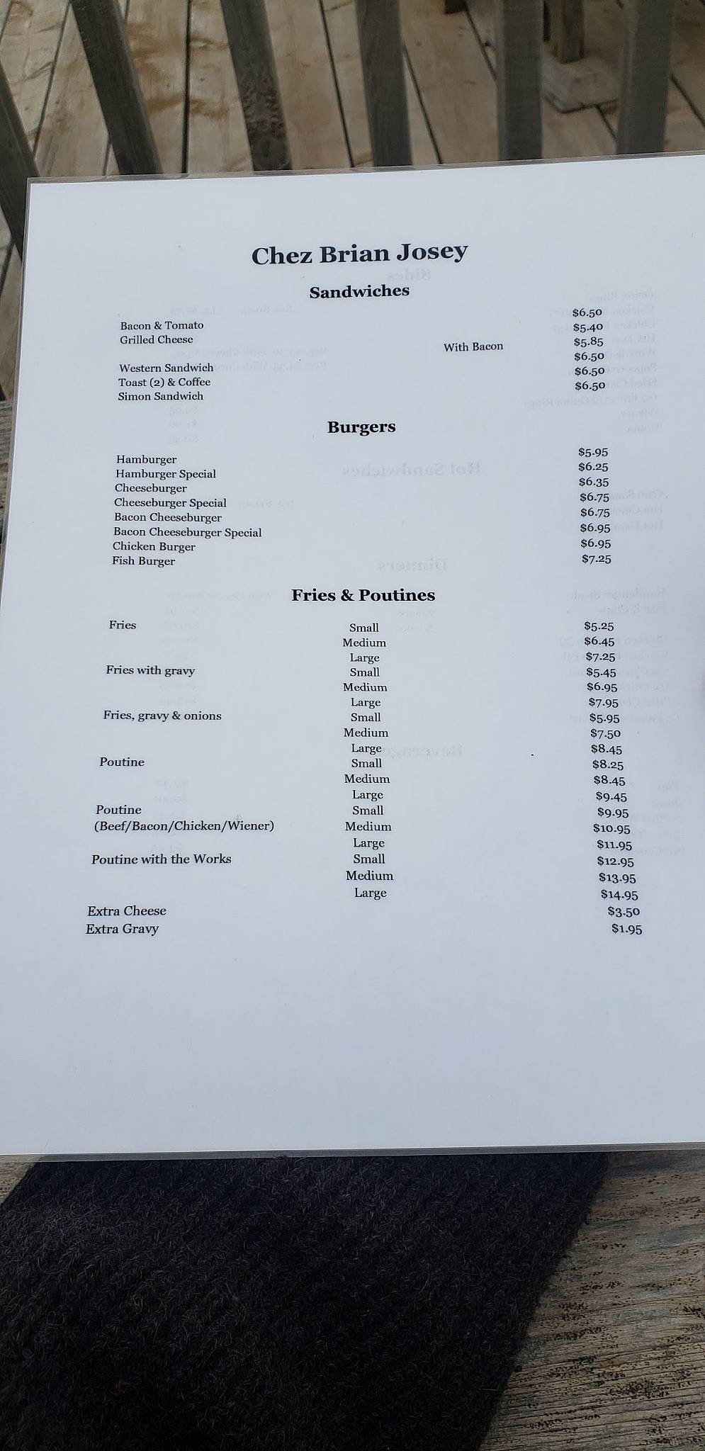 Menu au Restaurant Chez Brian Josey, L'Île-d'Entrée