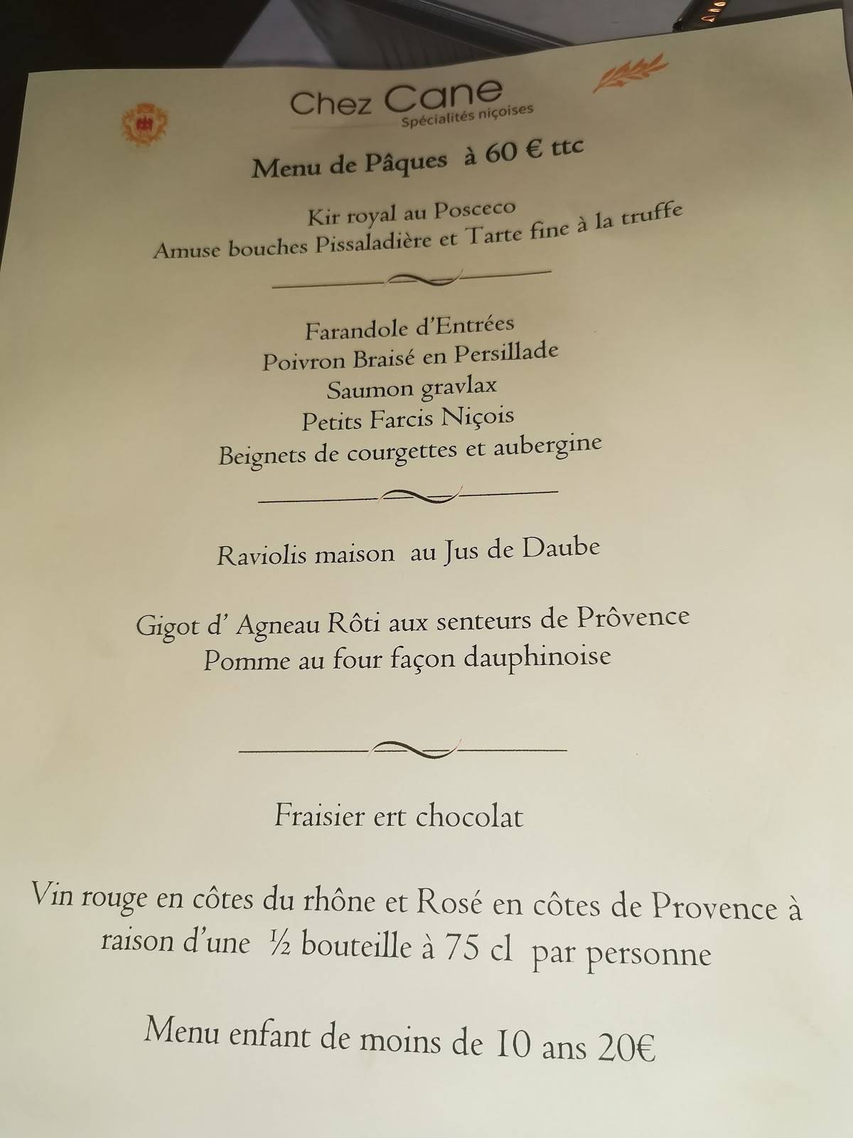 Menu au Chez Cane restaurant, Nice