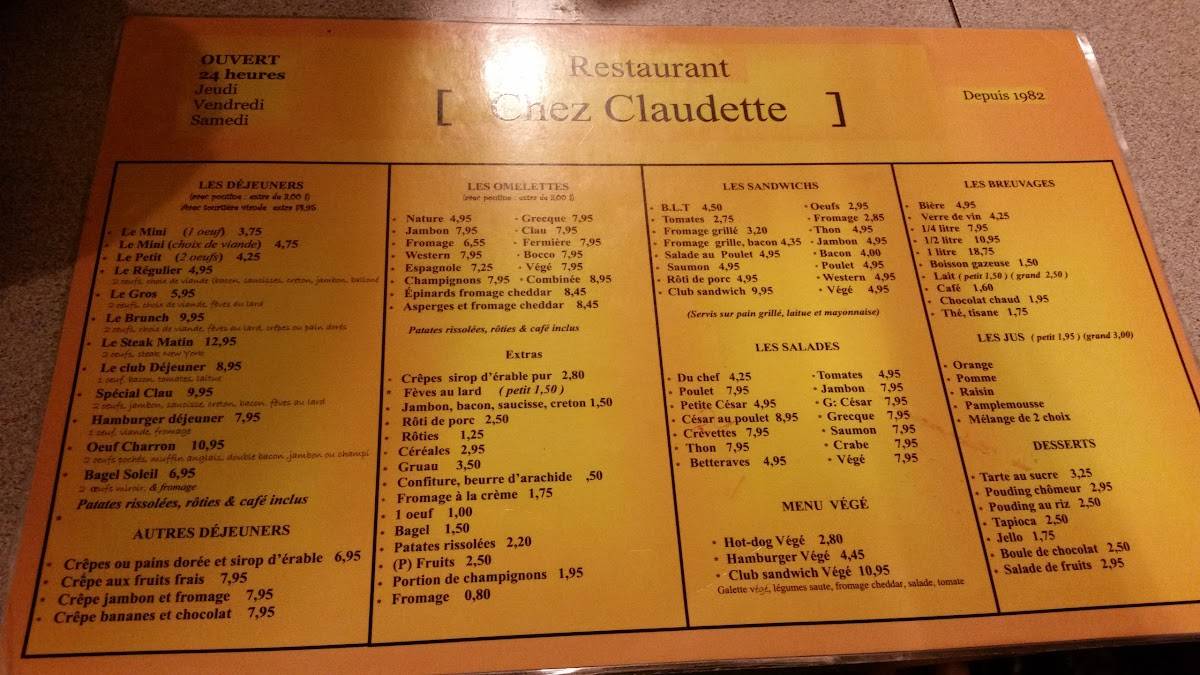 Menu at Restaurant Chez Claudette, Montréal