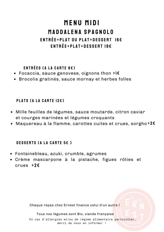 Menu at Chez Ernest restaurant, Paris, 4 Imp. de Joinville