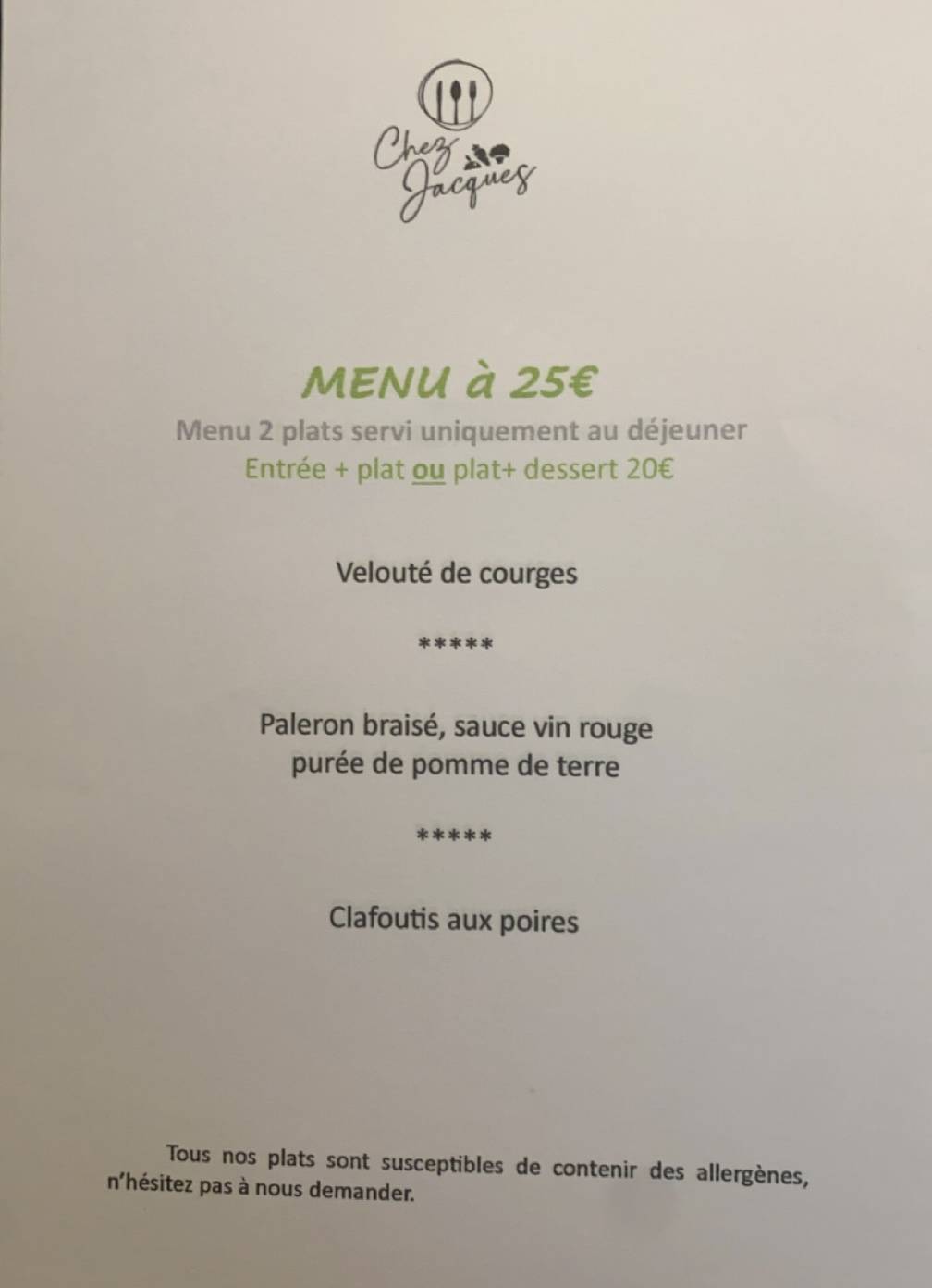 Menu au Chez Jacques restaurant, Bracieux