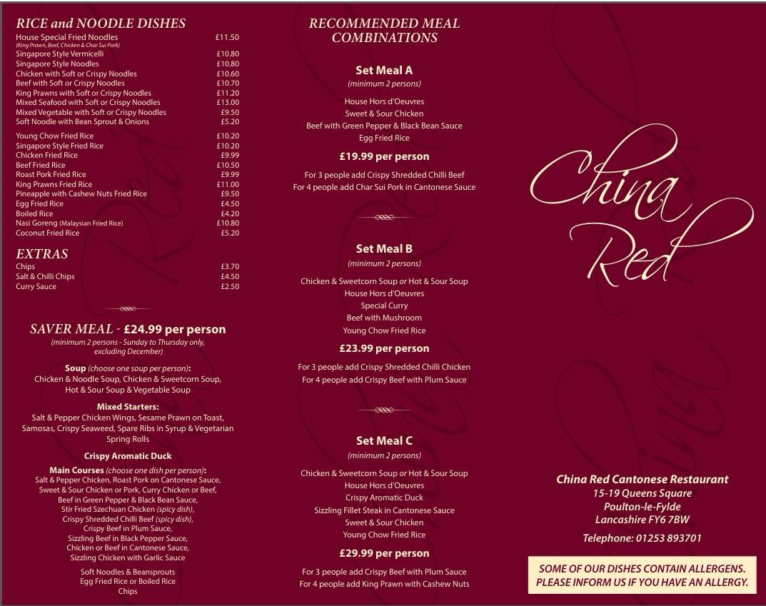 Menu at China Red restaurant, Poulton-le-Fylde