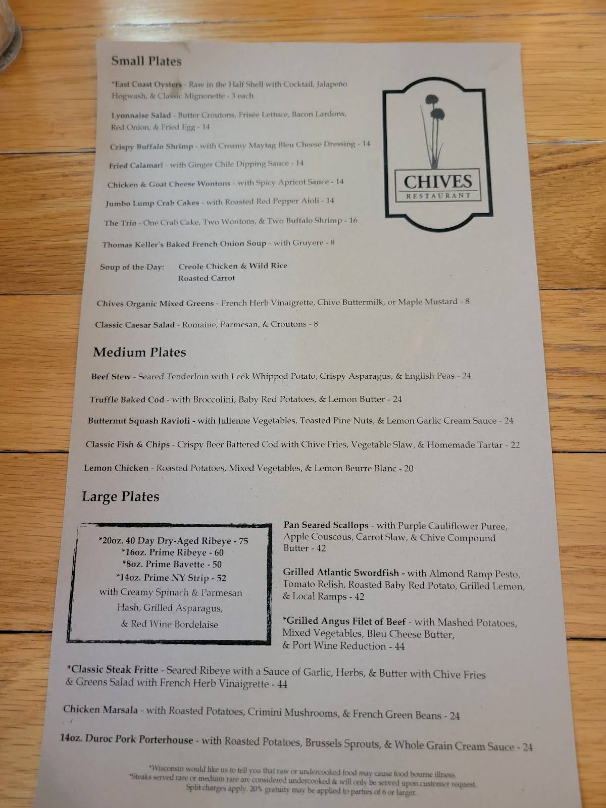 Menu at Chives Restaurant, Suamico