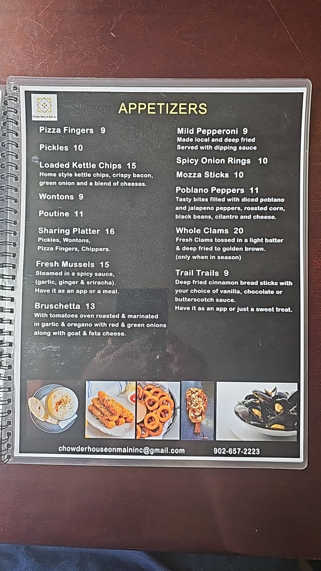 Menu at Chowder House on Main restaurant, Tatamagouche