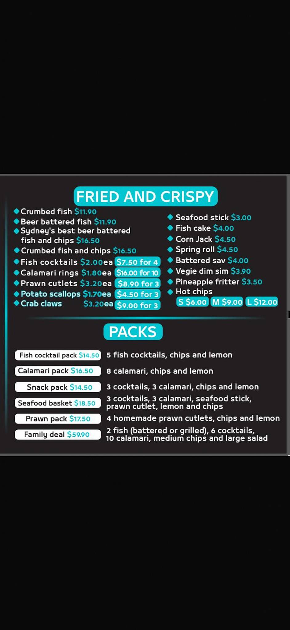 Menu at Chubby Fish restaurant, Allambie Heights