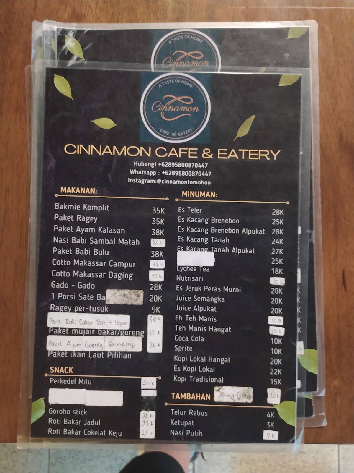 Carta de Cinnamon Cafe & Eatery, Tomohon