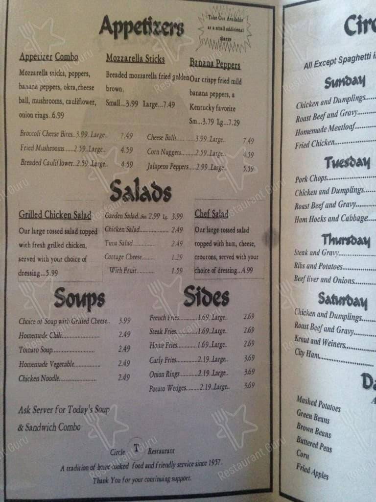 Menu at Circle T Restaurant, Hazard