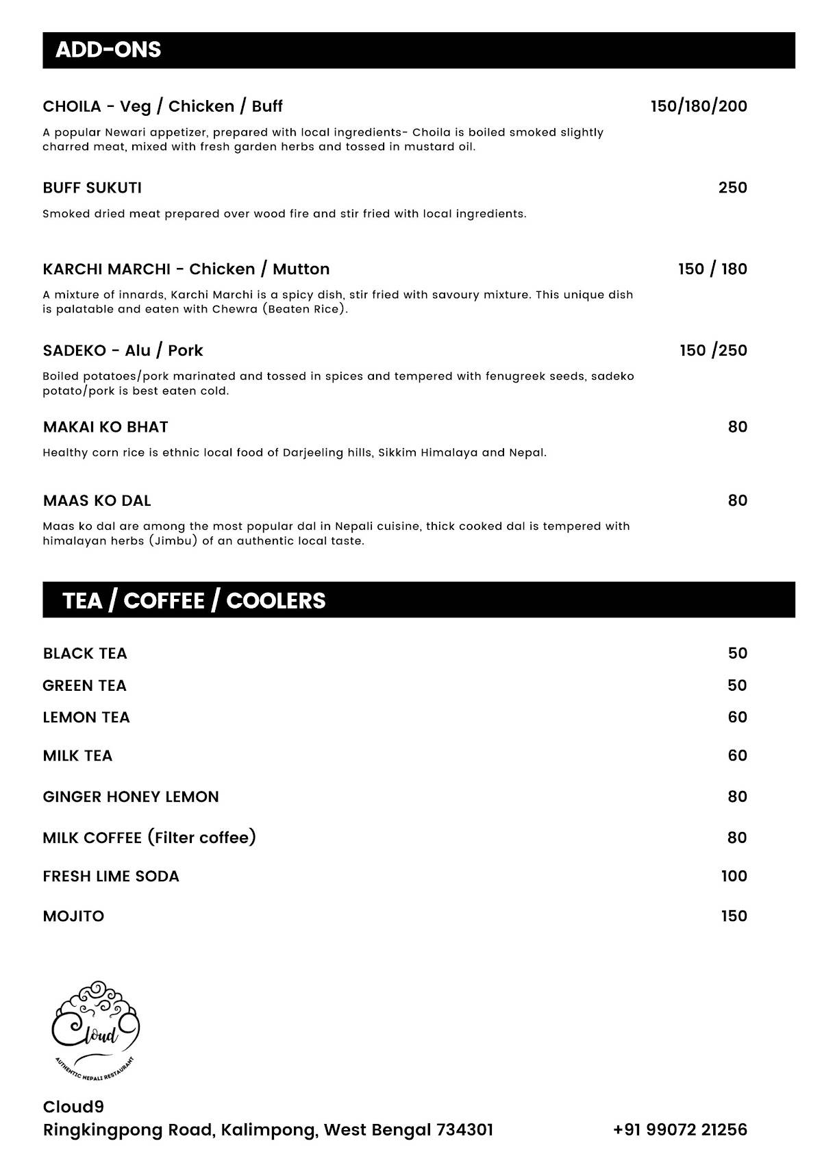 Menu at Cloud 9 Kalimpong - Authentic Nepali Restaurant, Kalimpong