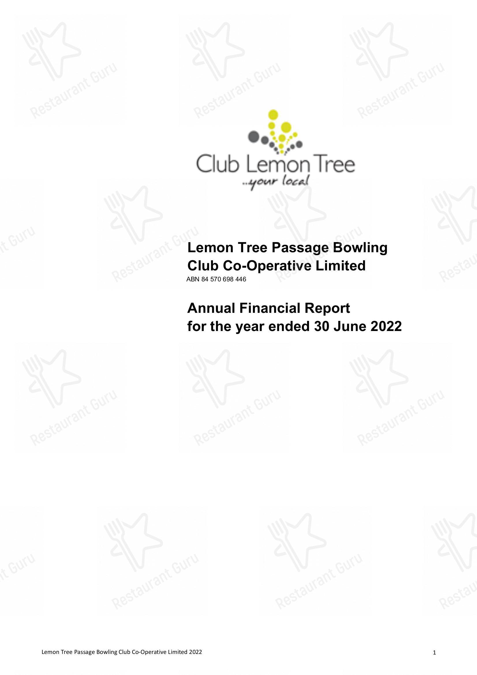 Menu at Club Lemon Tree, Lemon Tree Passage