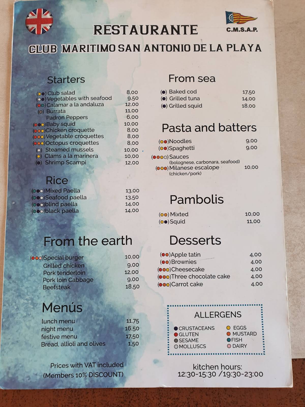 Carta de Restaurant Club Nàutic Can Pastilla, Can Pastilla
