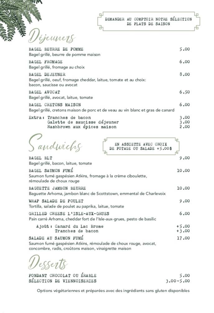 Menu au Comptoir St-Jo restaurant, Montréal