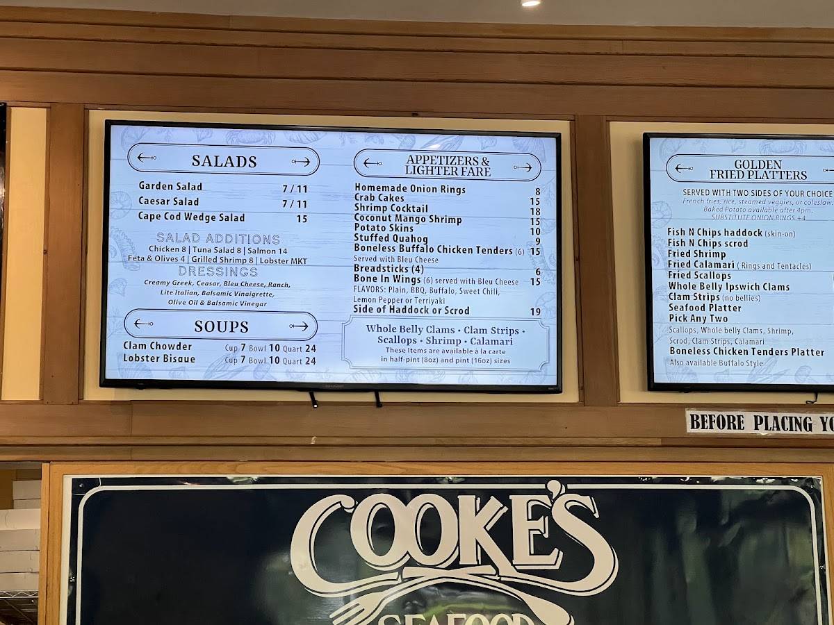 Menu at Cooke's Seafood - Mashpee restaurant, Mashpee, 7 Ryan's Way