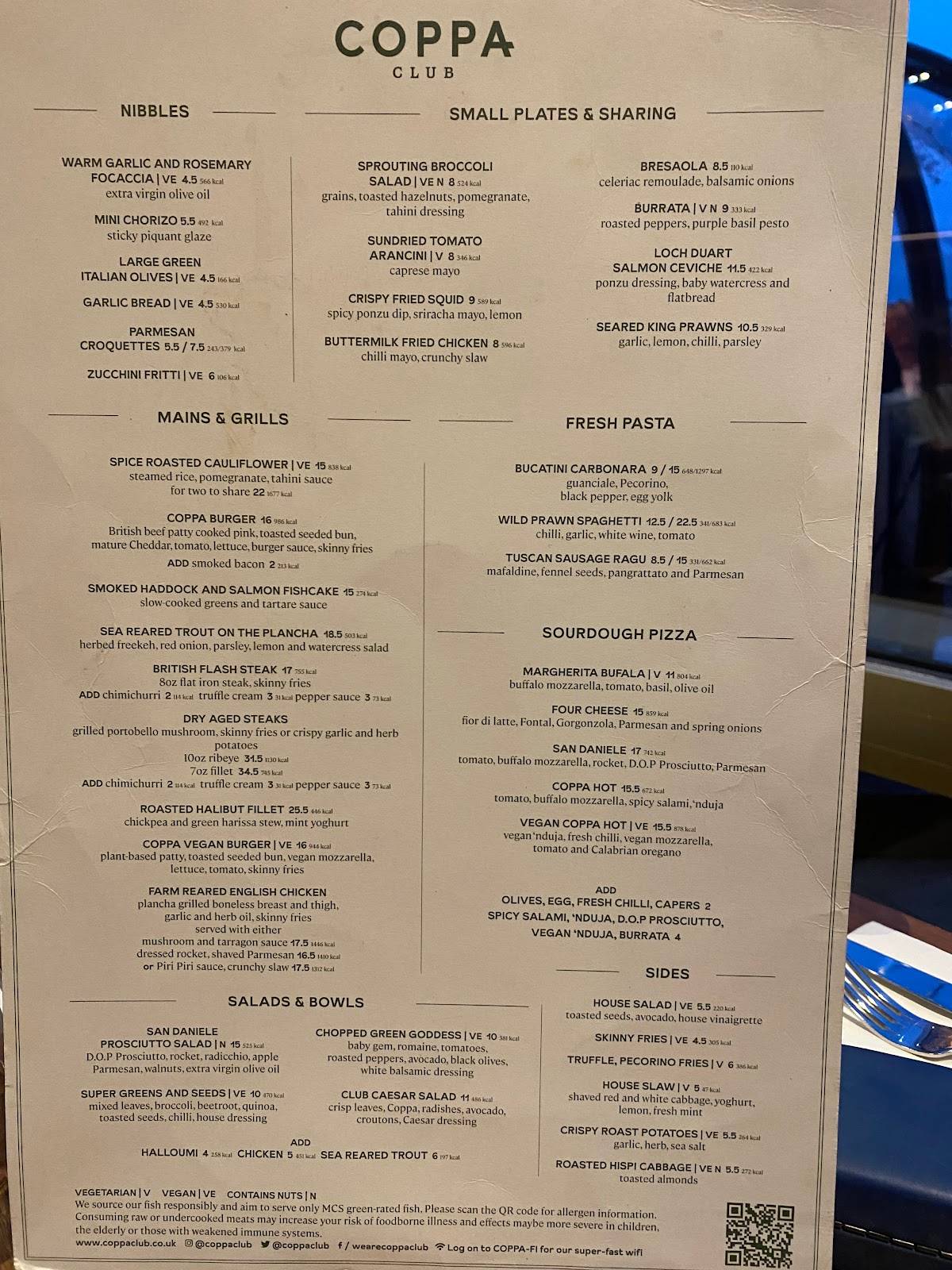 Menu at Coppa Club Tower Bridge, London, 3 Three Quays Walk