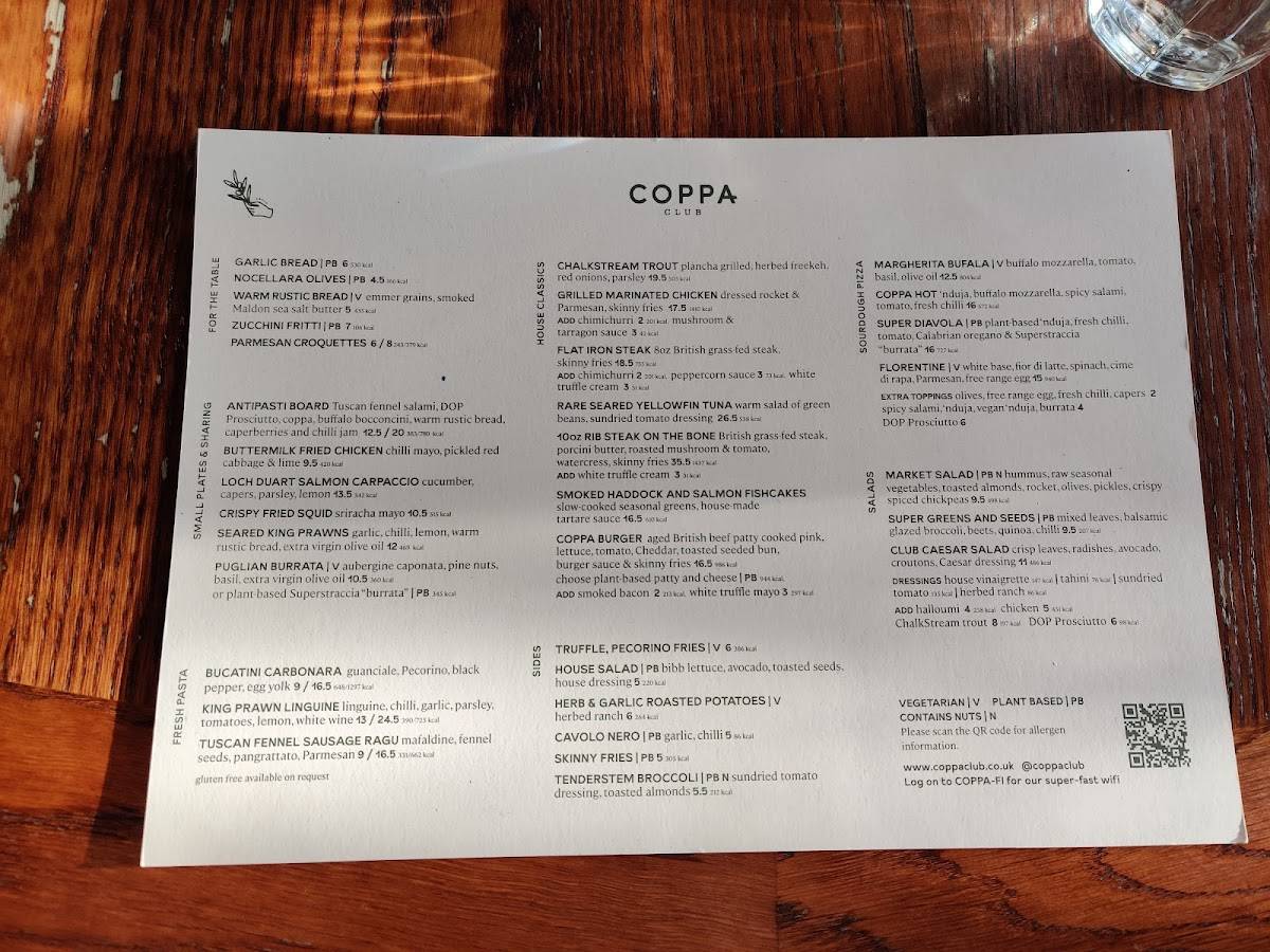 Menu at Coppa Club Tower Bridge, London, 3 Three Quays Walk